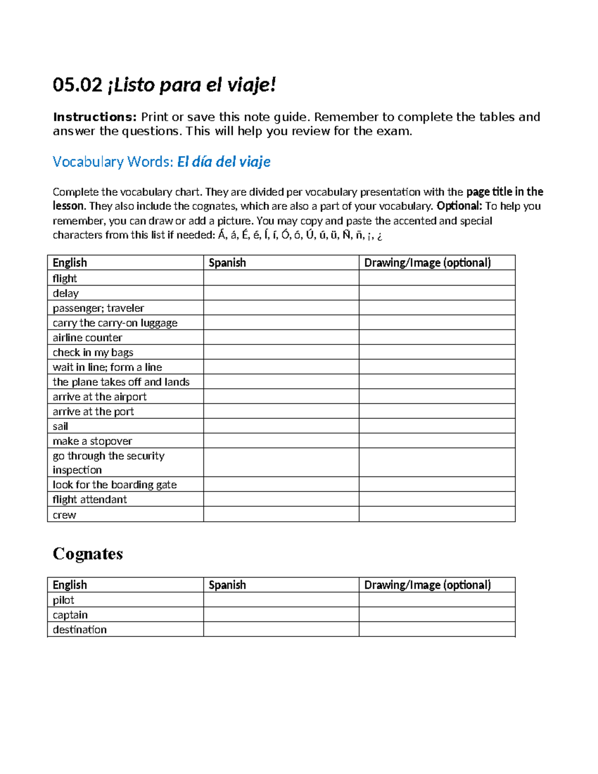 05 02 notes - 05 ¡Listo para el viaje! Instructions: Print or save this ...