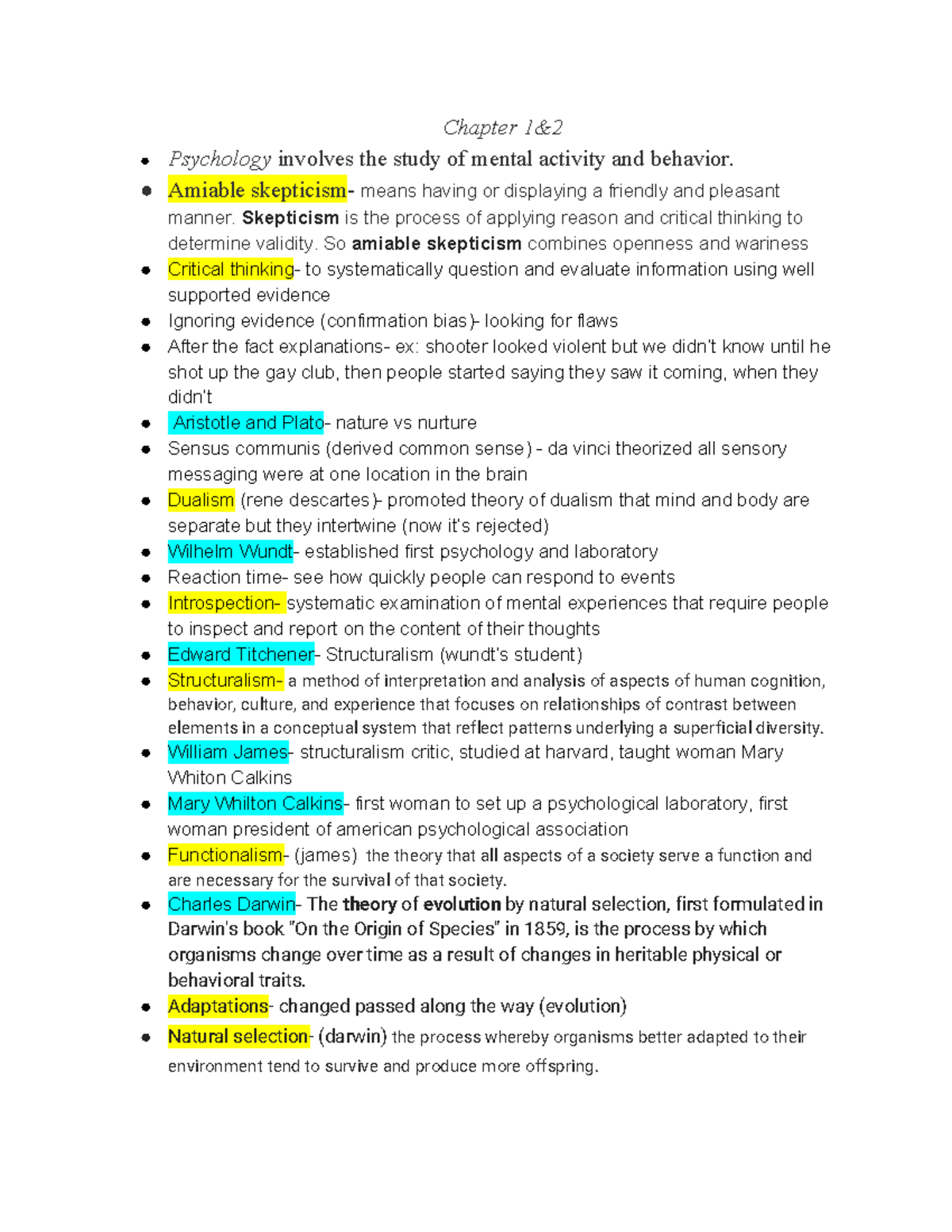 Psychology Textbook notes - Chapter 1& Psychology involves the study of ...