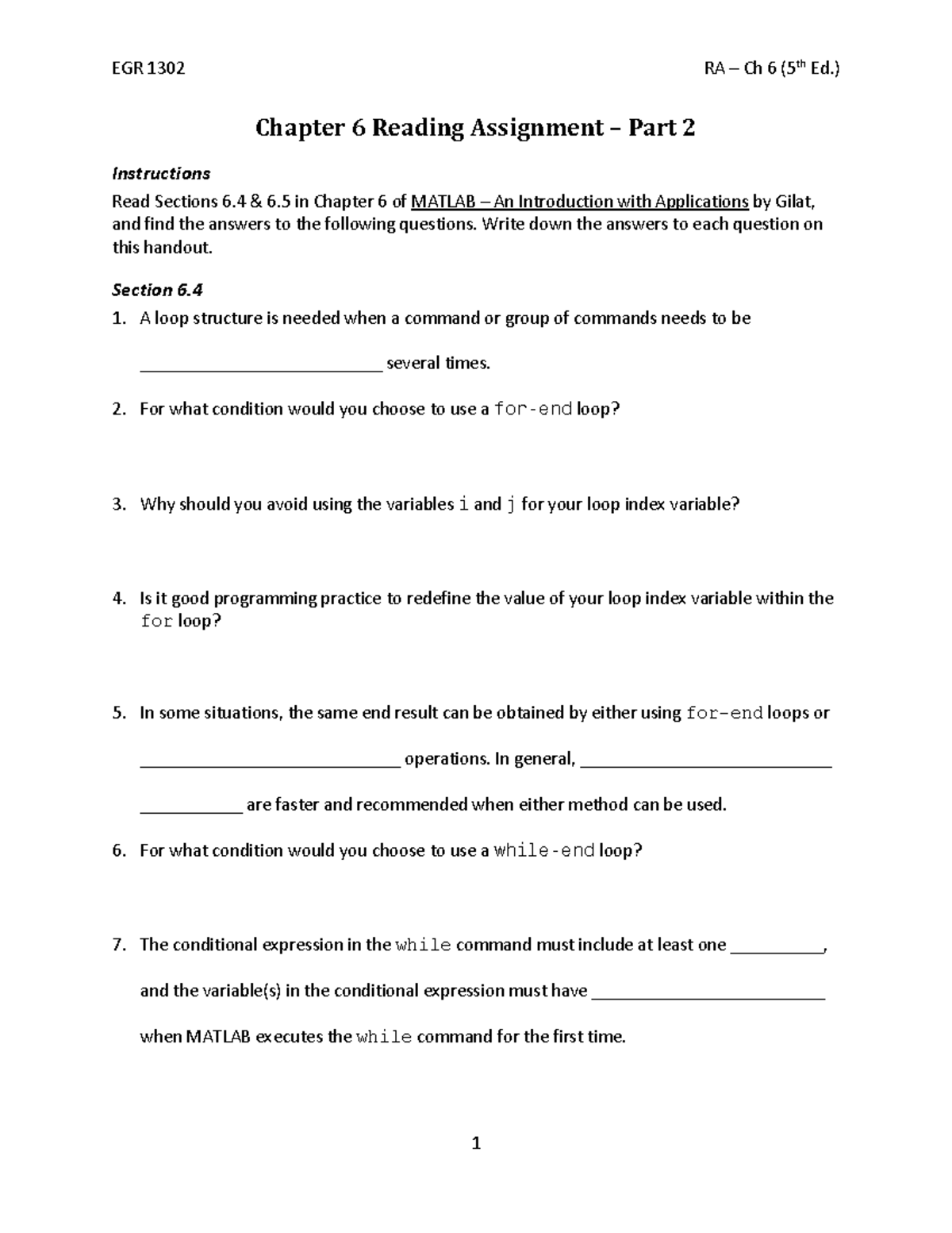 RA Ch 6 Part 2 - EGR 1302 RA – Ch 6 (5 th Ed.) 1 Chapter 6 Reading Assignment – Part 2 ...