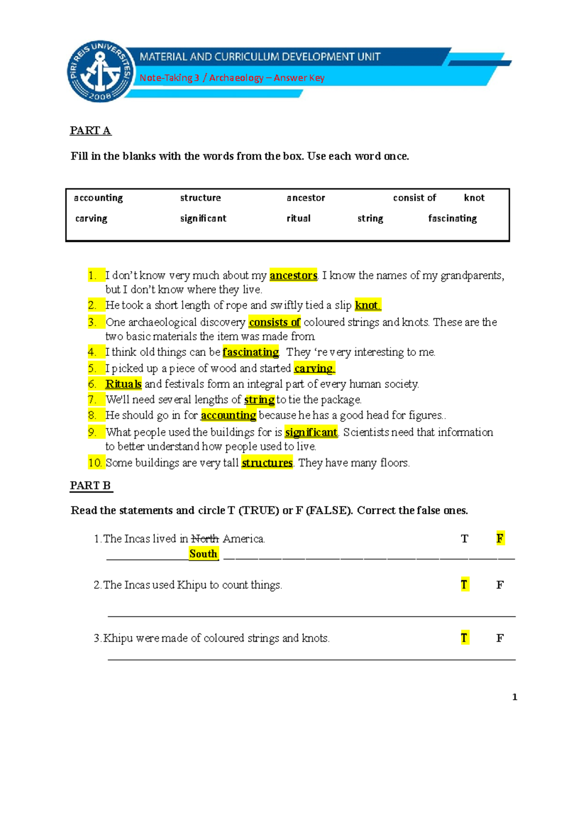 Note-taking 3 Archaeology AK - Note-Taking 3 / Archaeology – Answer Key ...