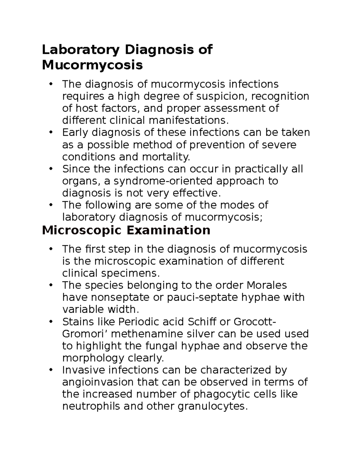 Bio 49 - Notes - Laboratory Diagnosis of Mucormycosis The diagnosis of ...