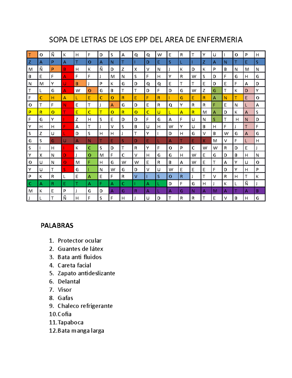 SOPA DE Letras DE LOS EPP DEL AREA DE Enfermeria - riesgo biologico ...