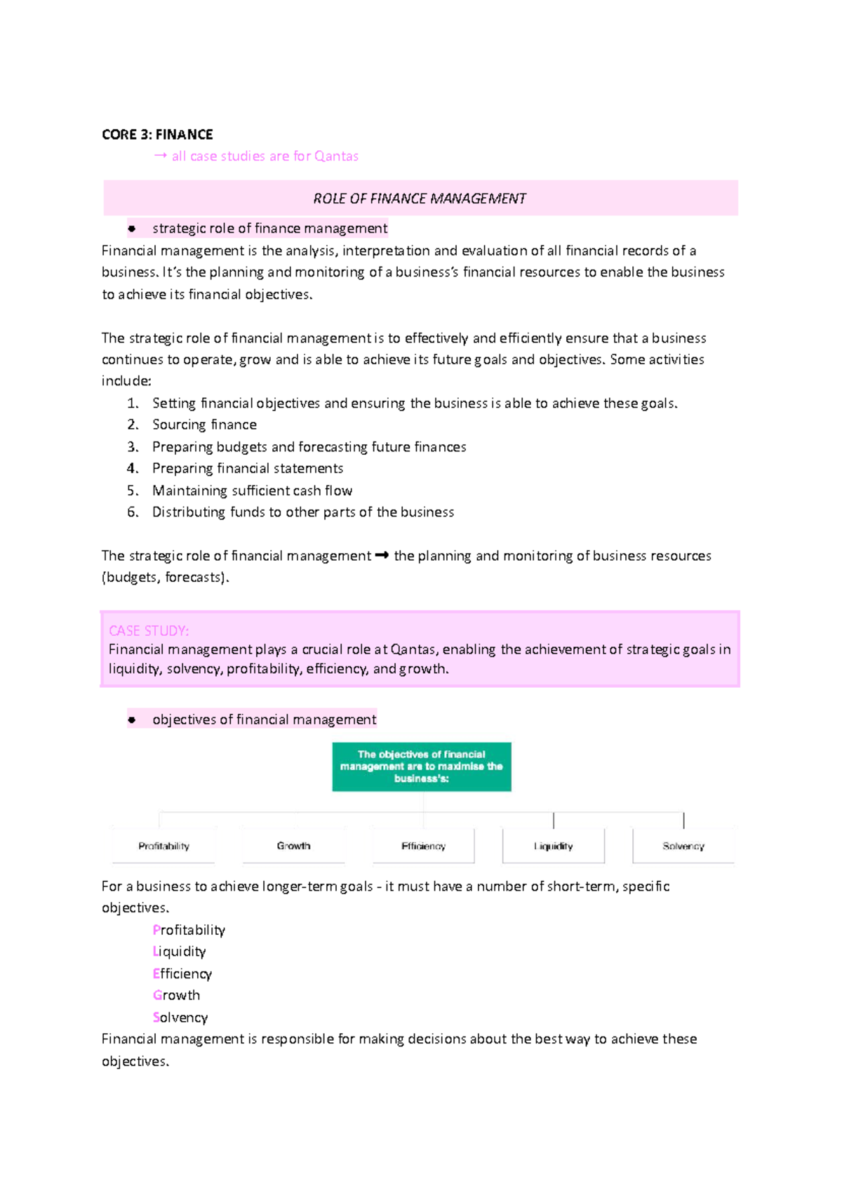 Core-3-finance - STUDY NOTES - CORE 3: FINANCE → all case studies are ...