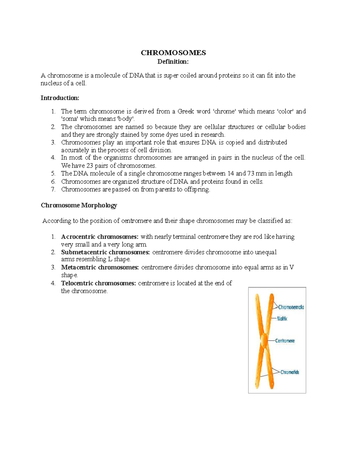 Chromosomes - Lecture notes 1-2 - Cell Biology - SGBAU - Studocu