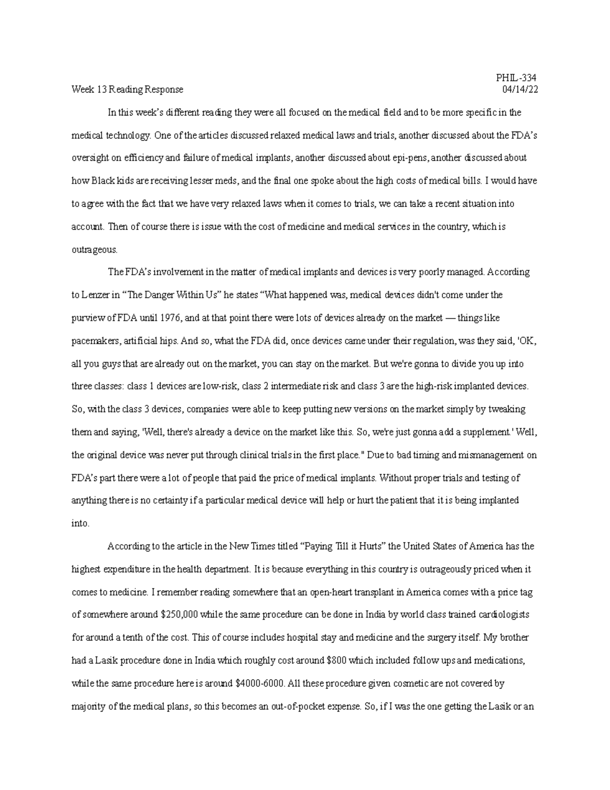 Week 13 Reading response - PHIL- Week 13 Reading Response 04/14/ In ...