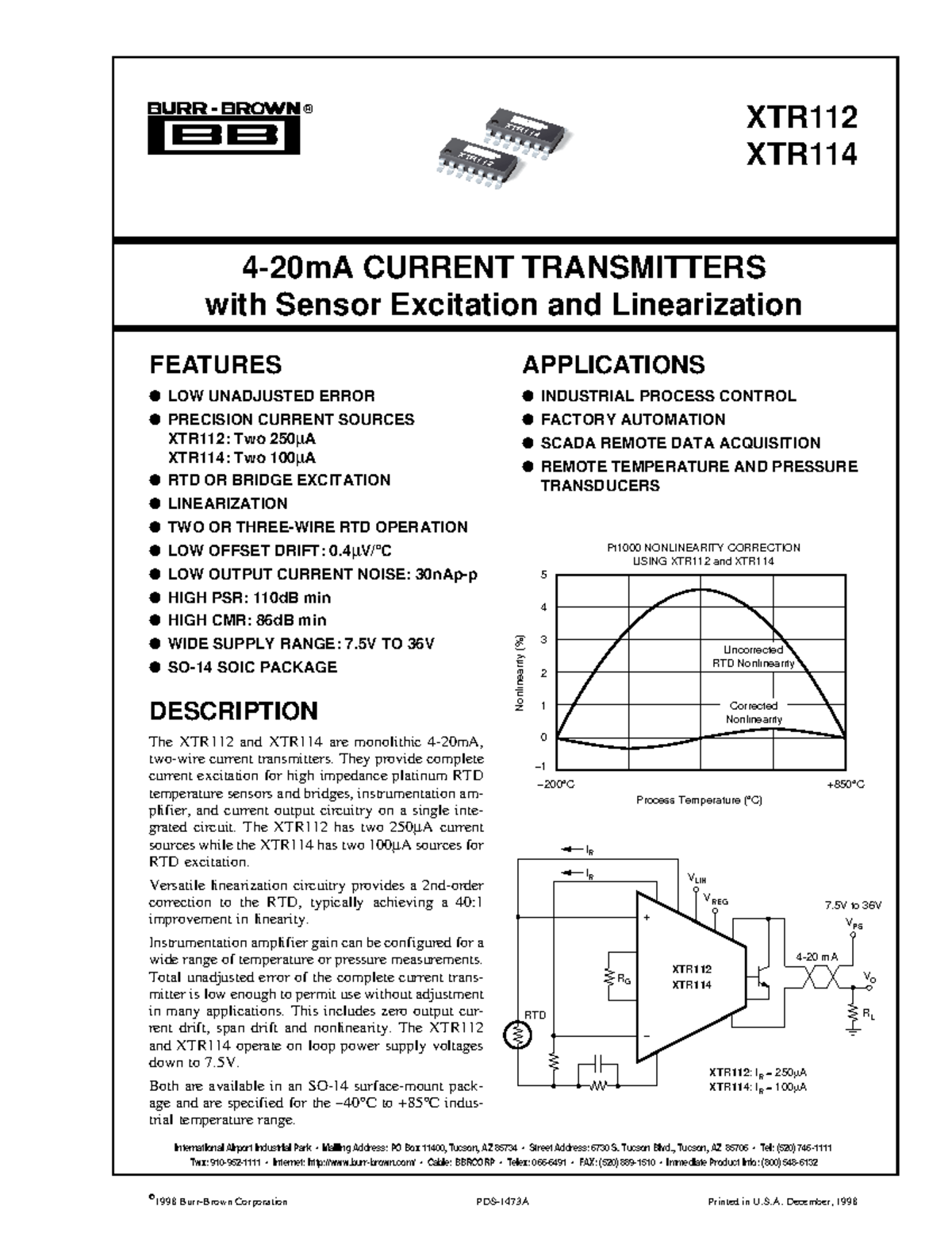 Datasheet - 1 ® RTD XTR XTR 4-20 mA VPS VO RL RG VLIN VREG + 7 to 36V ...