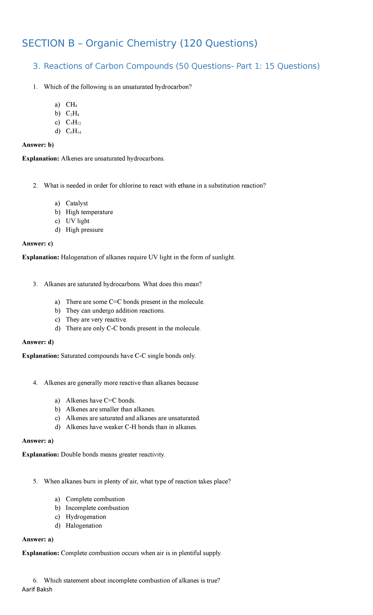 Chemistry B3 Part 1- ABaksh - SECTION B – Organic Chemistry (120 ...