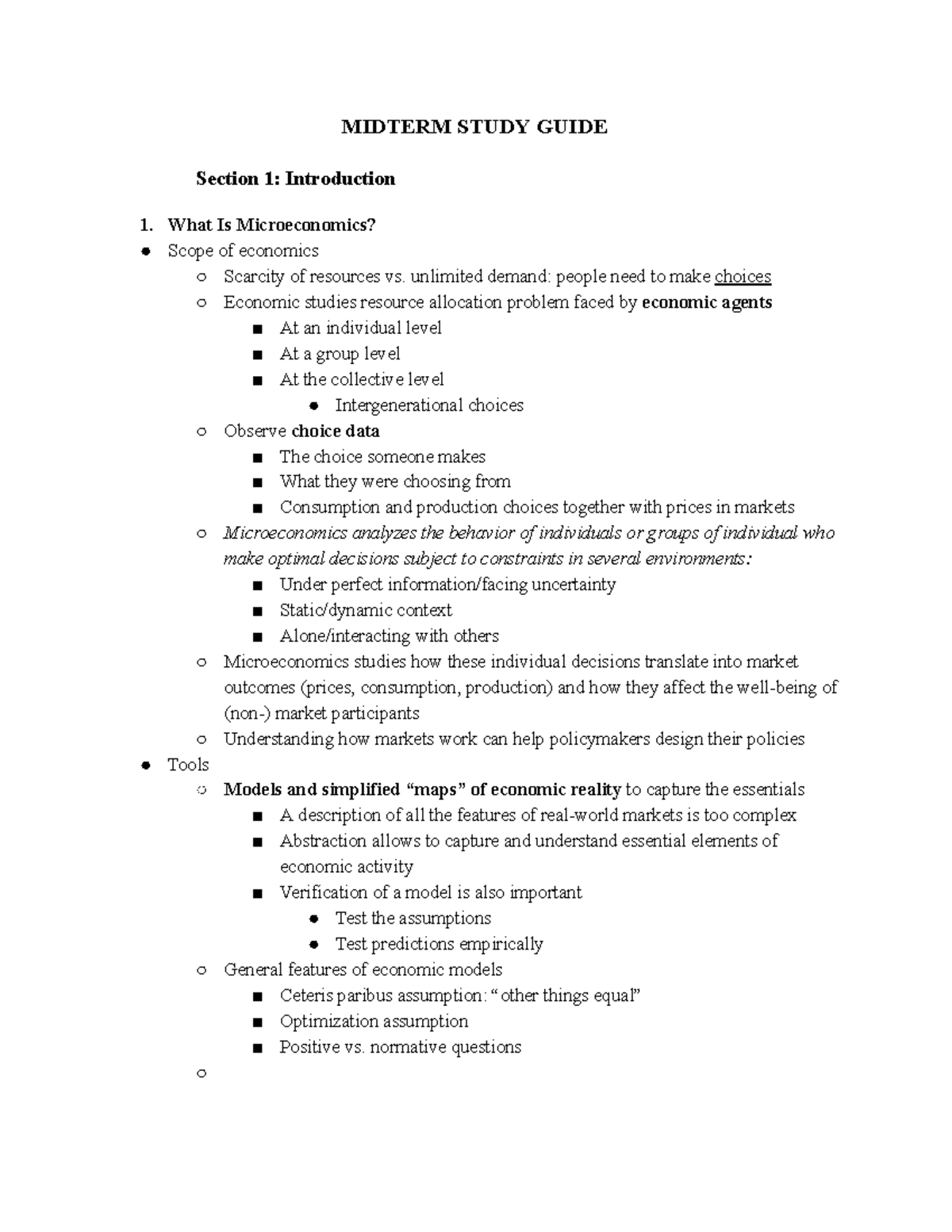 Midterm Micro Study Guide - MIDTERM STUDY GUIDE Section 1: Introduction ...