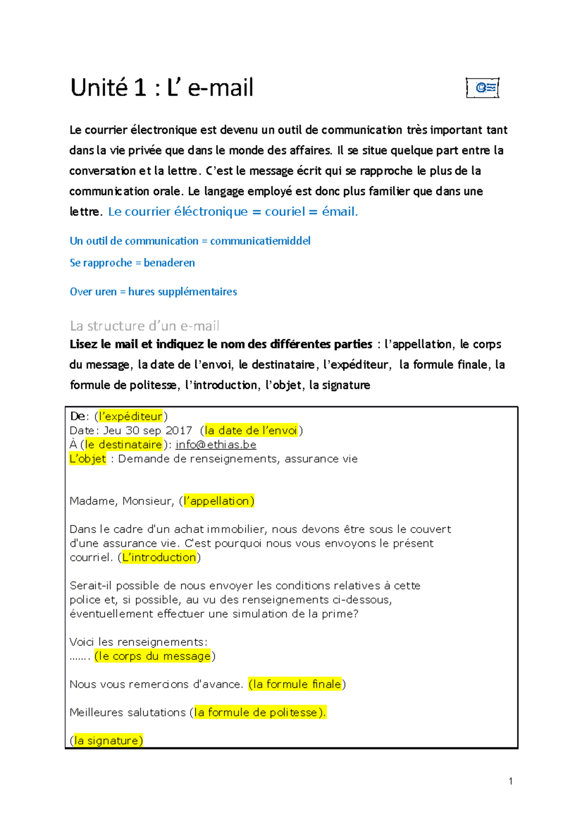 2ACF 20-21 L'e-mail Frans 2 - Unité 1 : L’ e-mail Le courrier ...