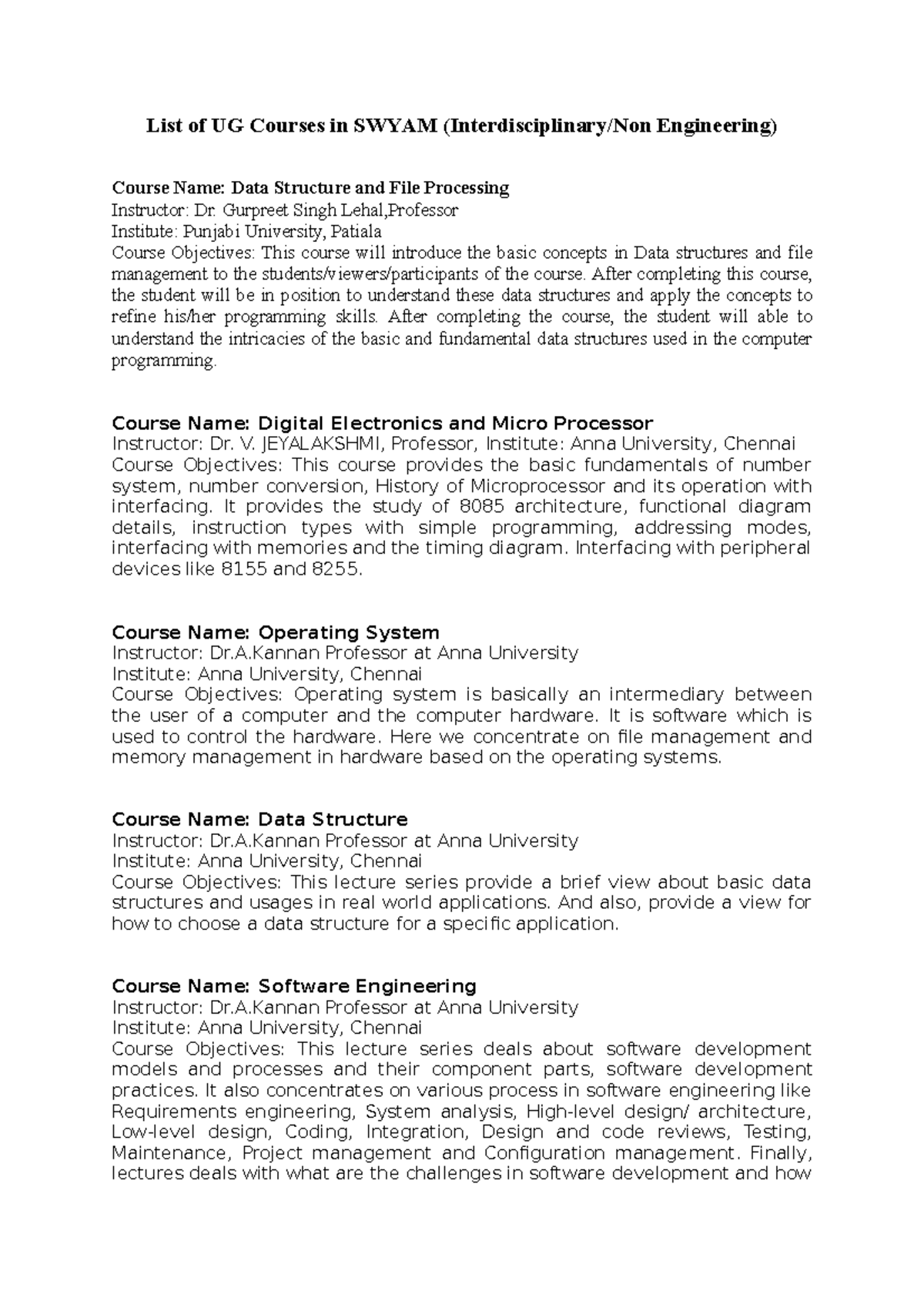 Swyam Courses - List of UG Courses in SWYAM (Interdisciplinary/Non ...