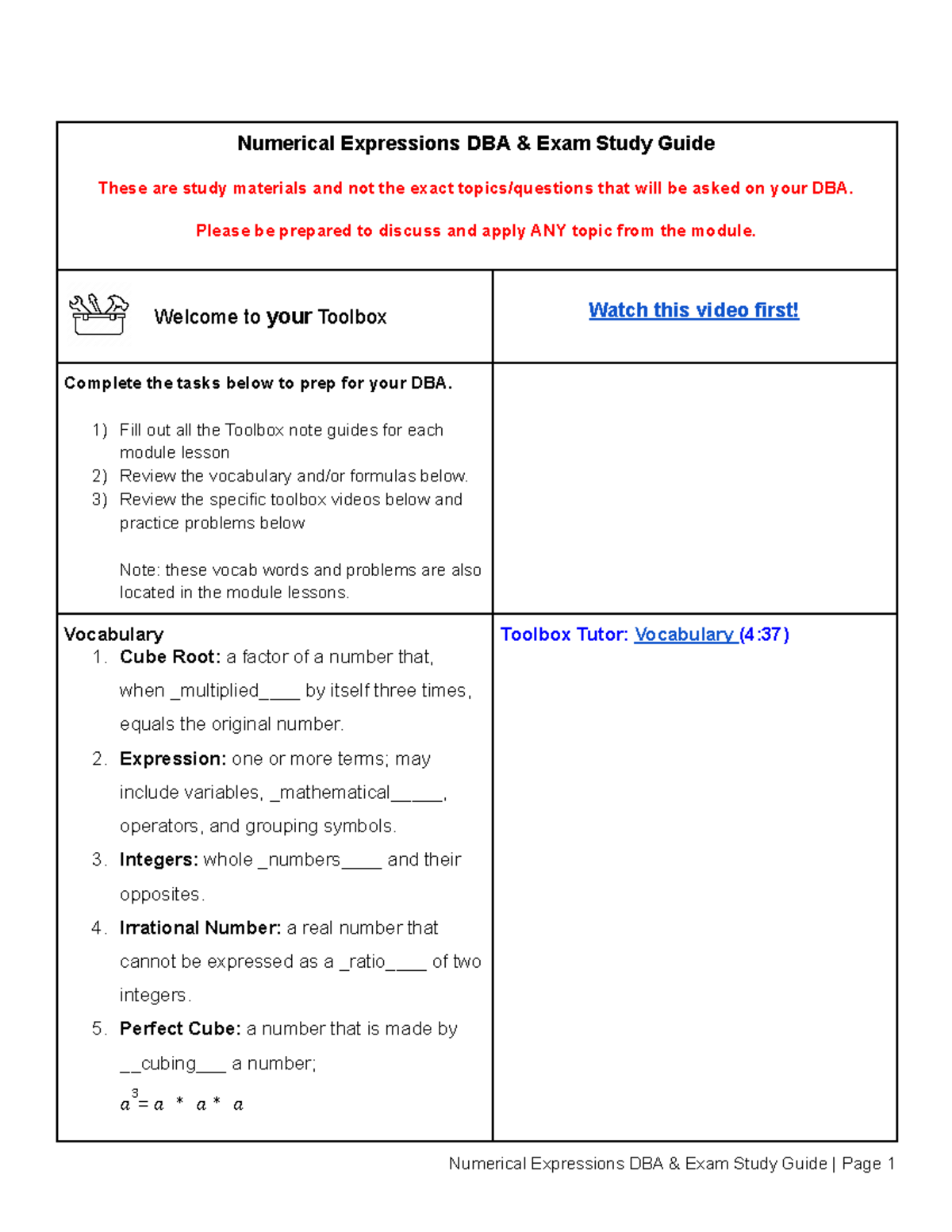 Copy of Module 1 - DBA Study Guide - Numerical Expressions DBA & Exam Study Guide These are ...