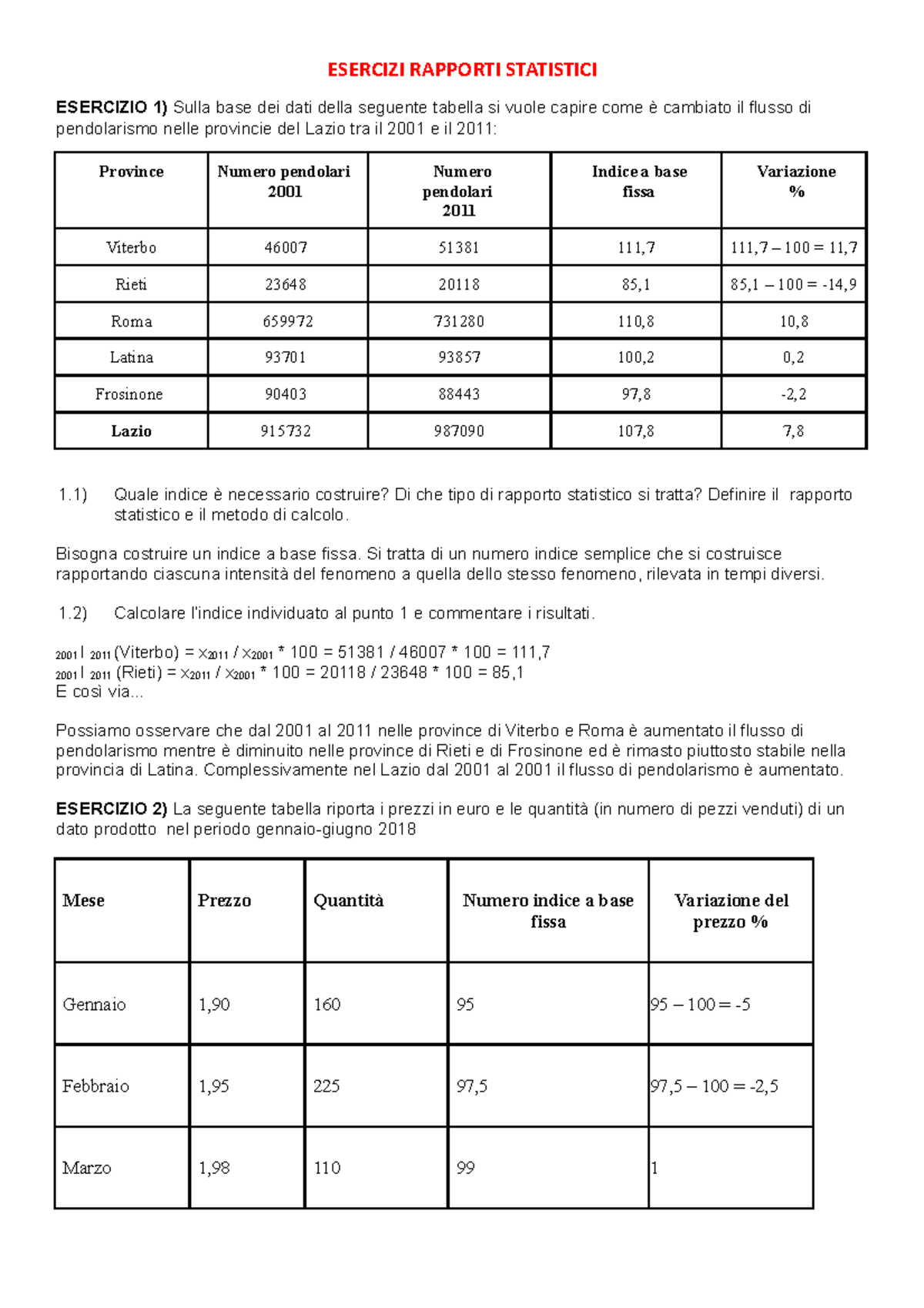 Esercizi Rapporti Statistici - ESERCIZI RAPPORTI STATISTICI ESERCIZIO 1 ...