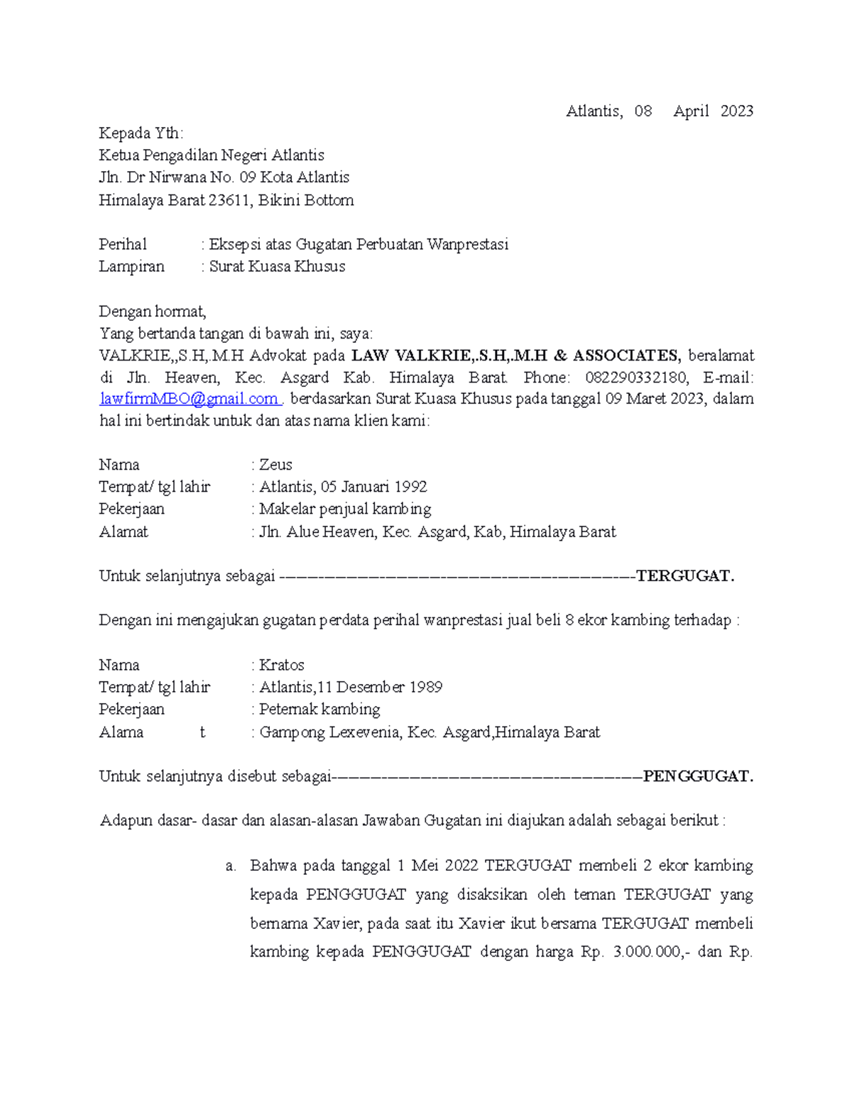 Eksepsi Gugatan Perdata - Atlantis, 08 April 2023 Kepada Yth: Ketua ...