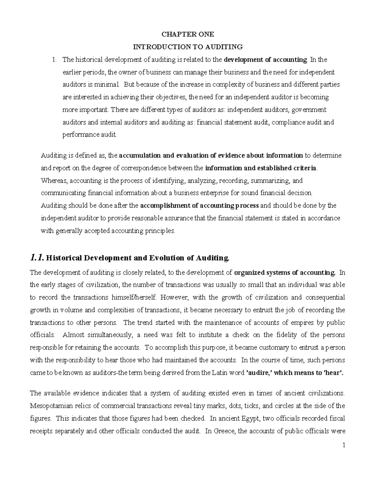 Unit 1 - CHAPTER ONE INTRODUCTION TO AUDITING The historical ...