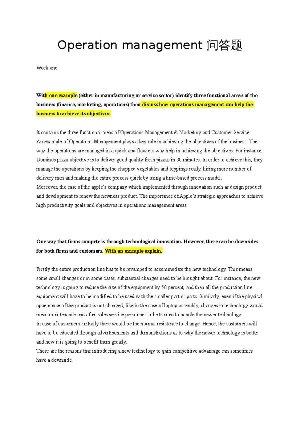 Operation management final note - Operation management 问答题 Week one ...