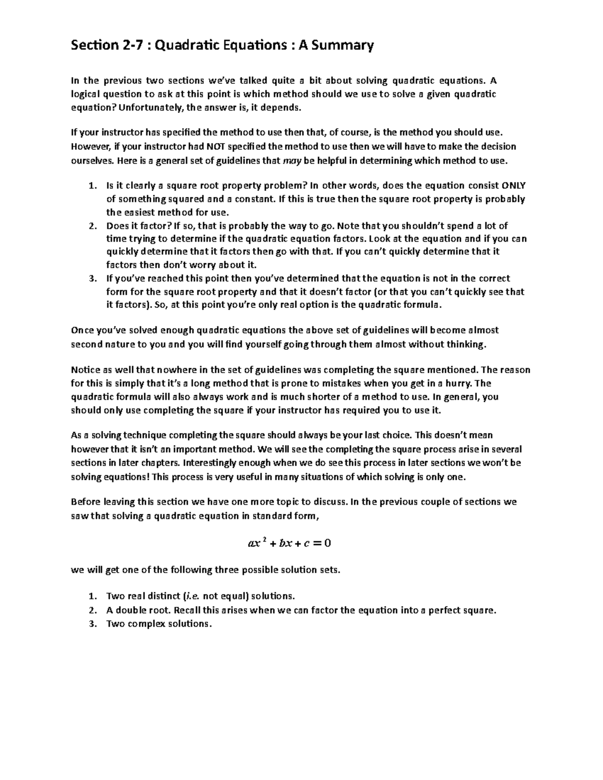 Summary quad eq - Section 2-7 : Quadratic Equations : A Summary In the ...