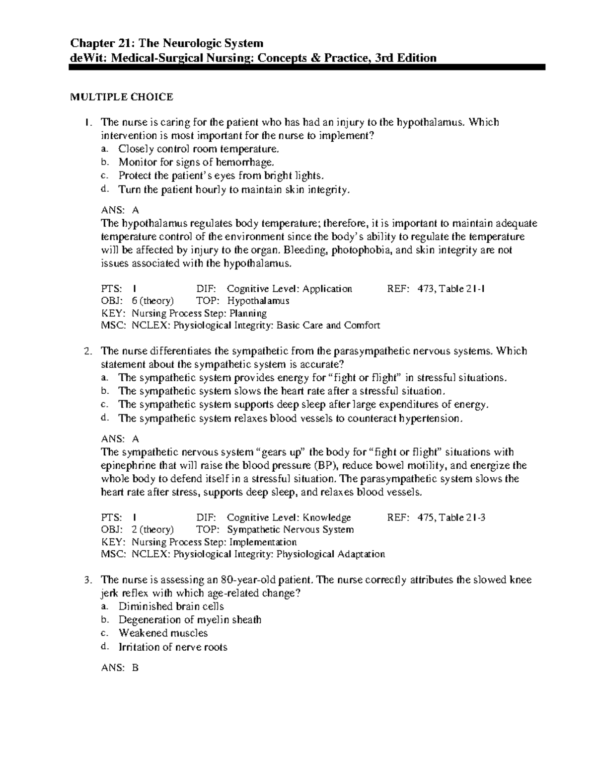 C21 - Notes - Chapter 21: The Neurologic System deWit: Medical-Surgical ...