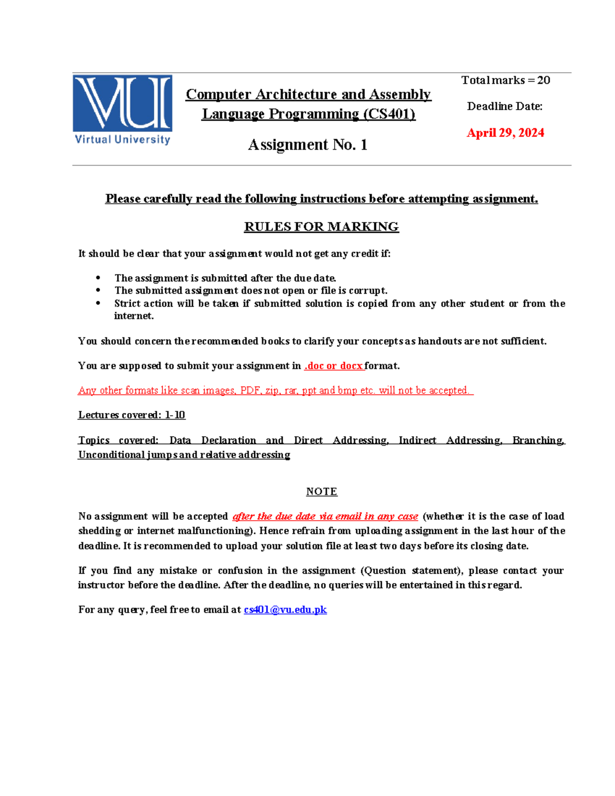 Spring 2024 CS401 1 - Hello - Computer Architecture and Assembly Language Programming (CS401 ...