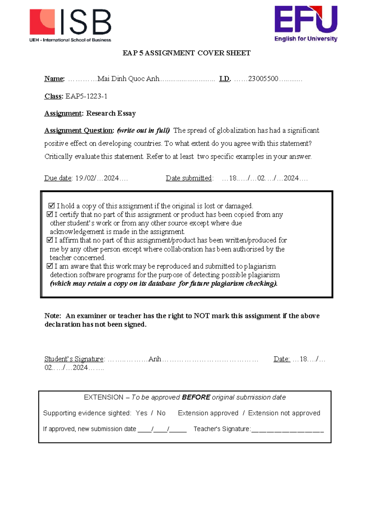 EAP5-1223-1 Research Essay Mai Dinh Quoc Anh 23005500 - EAP 5 ASSIGNMENT COVER SHEET Name: - Studocu