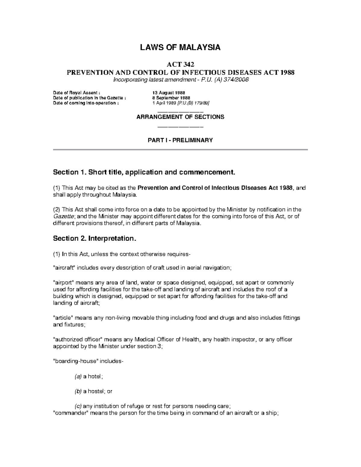 Prevention and control of infectious disease act 1988 - LAWS OF ...