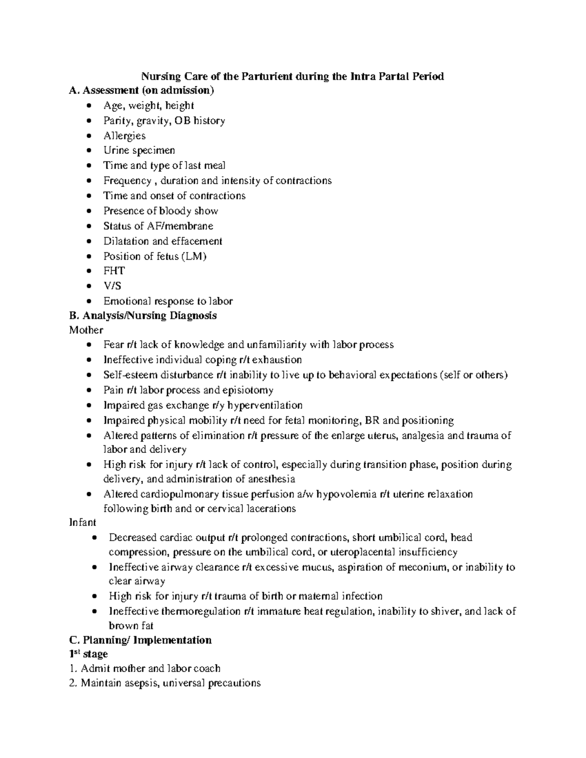 Nursing Care of the Parturient during the Intra Partal Period PDF ...