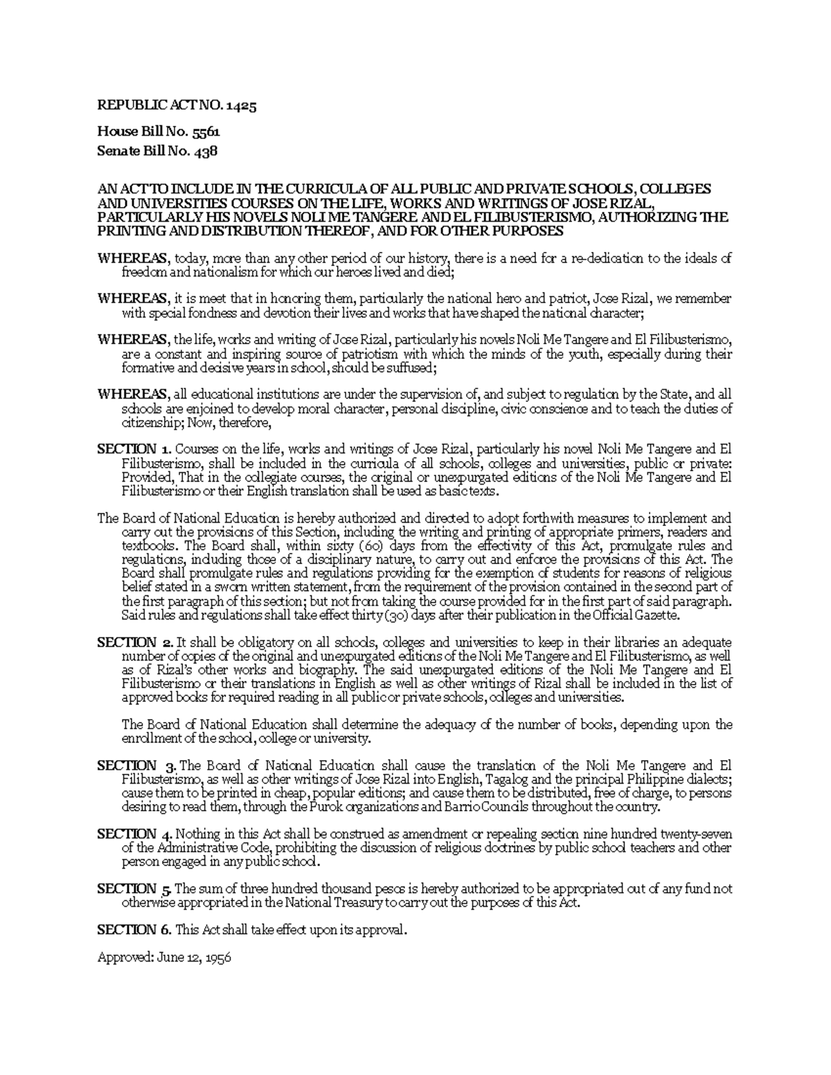 1st Readings Republic Act - REPUBLIC ACT NO. 1425 House Bill No. 5561 ...
