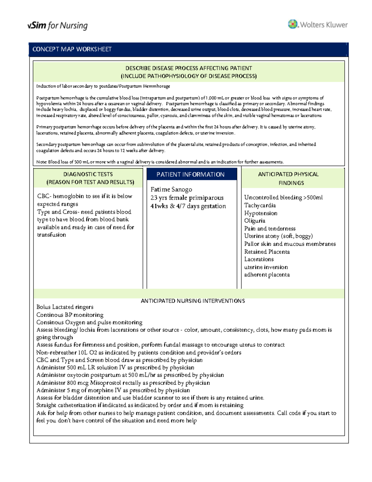 V Sim Complete Care Plan FS - CONCEPT MAP WORKSHEET DESCRIBE DISEASE ...
