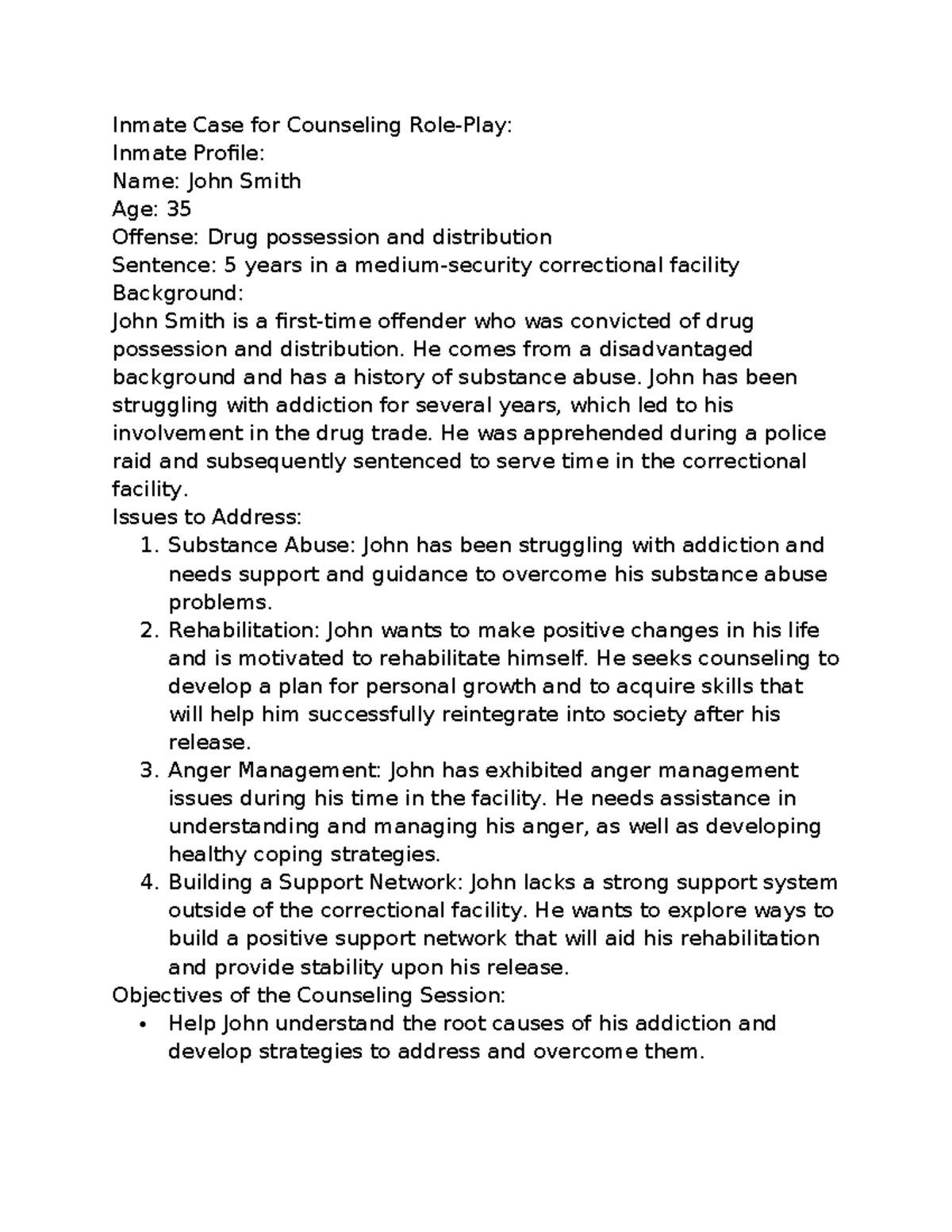 CASE Study - Inmate Case for Counseling Role-Play: Inmate Profile: Name ...