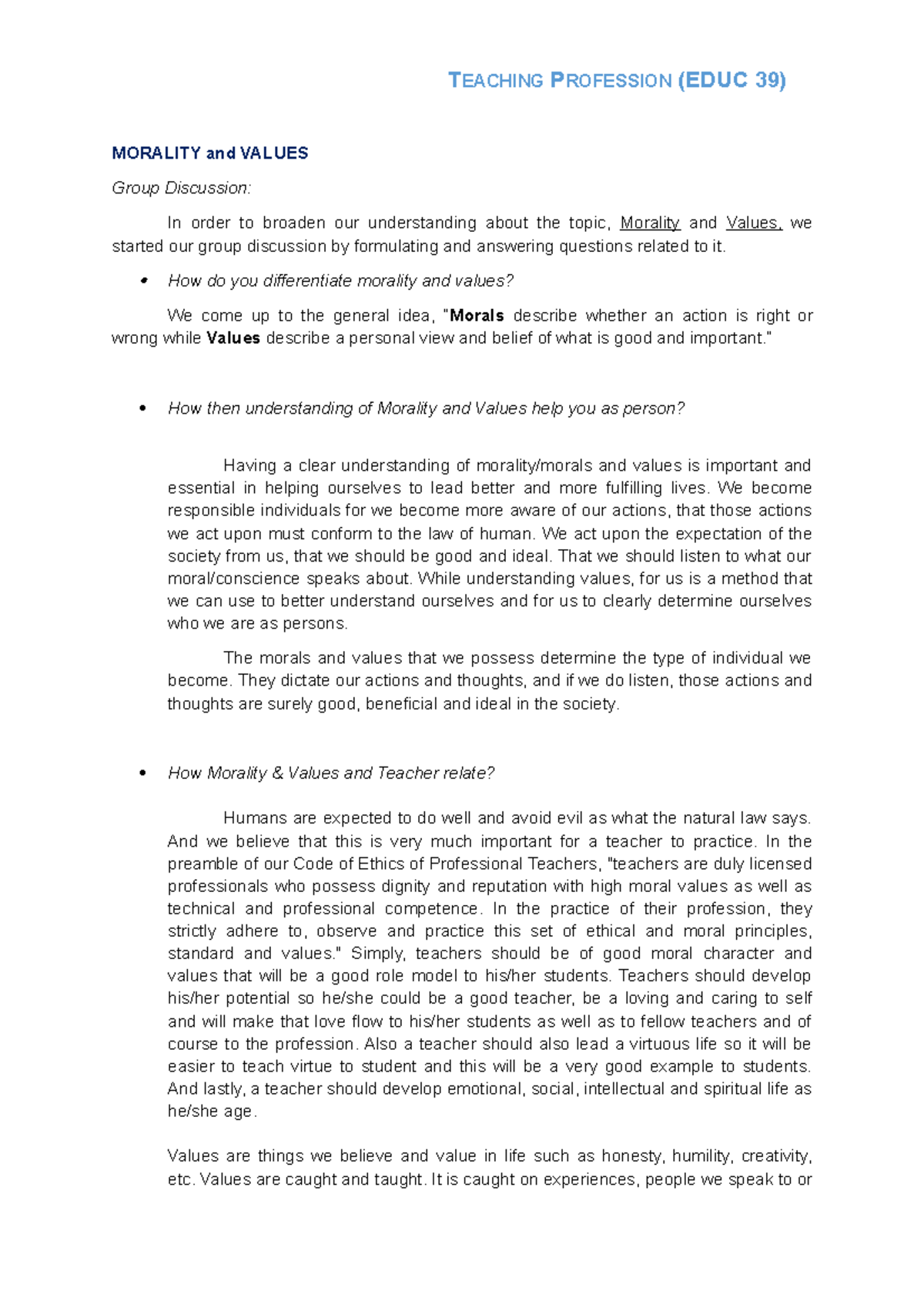 All About Morality and Values - TEACHING PROFESSION (EDUC 39) MORALITY ...