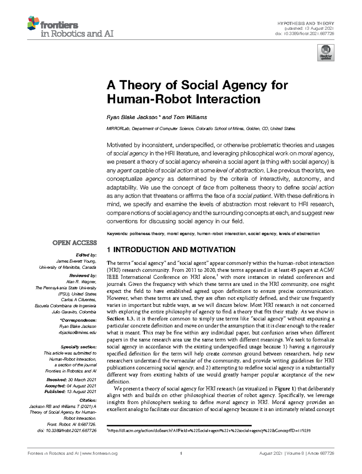 FRONTIERS IN HUMAN ROBOT INTERACTIONS - A Theory of Social Agency for ...
