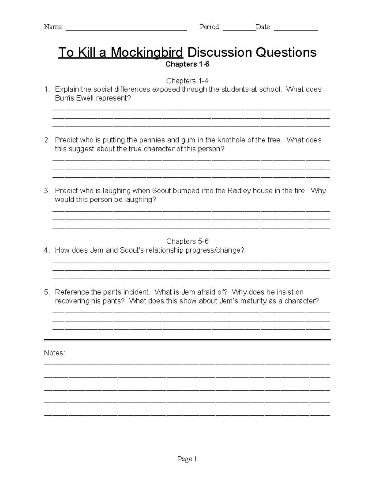 13-14 Chapter Questions - To Kill a Mockingbird Discussion Questions ...