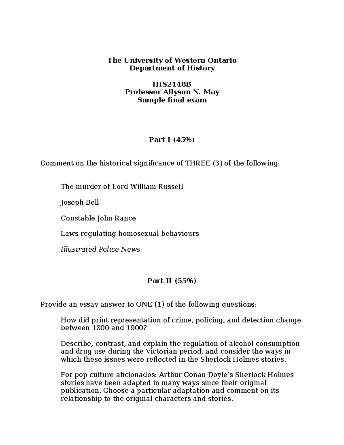 Sample final exam - police work and forensice - The University of ...