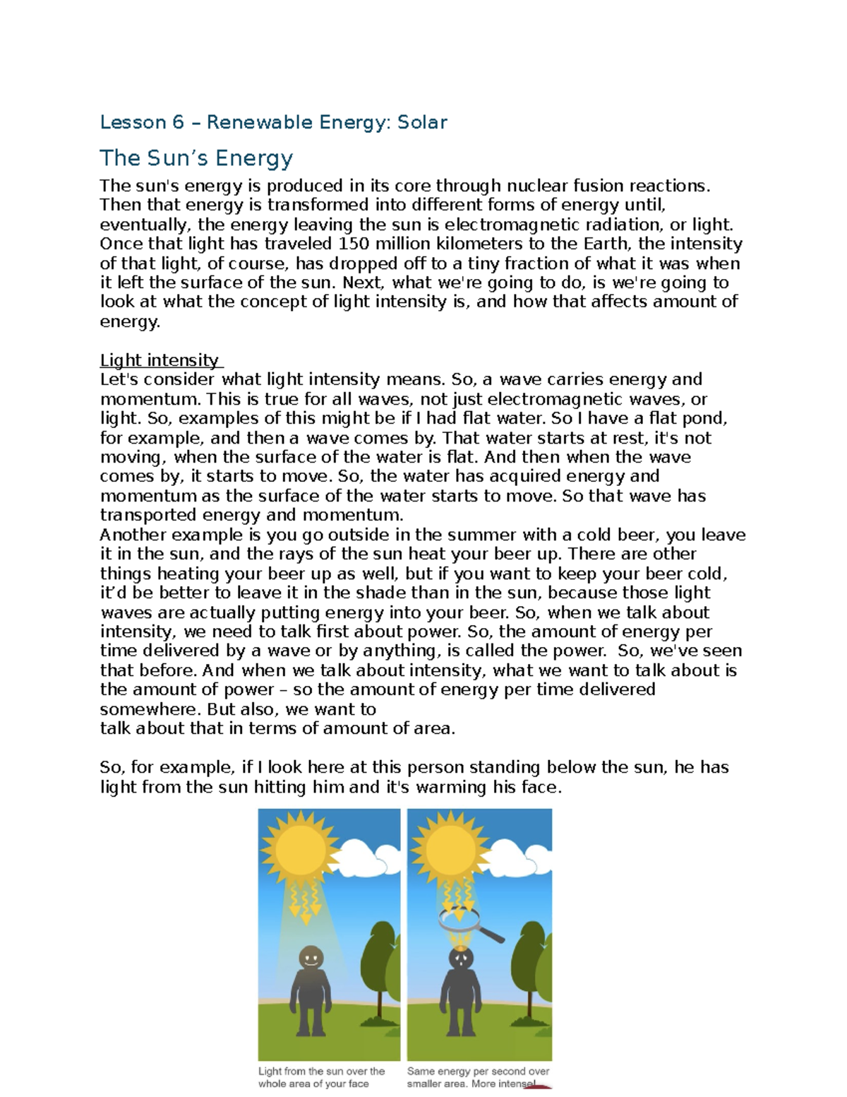 Lesson 6 - notes. - Lesson 6 – Renewable Energy: Solar The Sun’s Energy ...