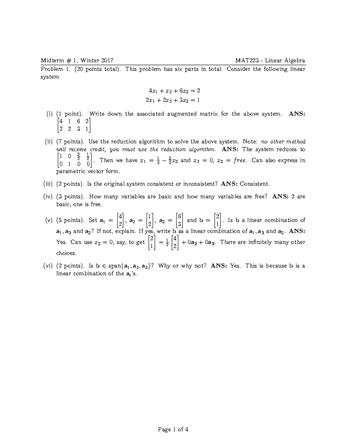 Test1 Solutions - math - Problem 1. (20 points total). This problem has ...