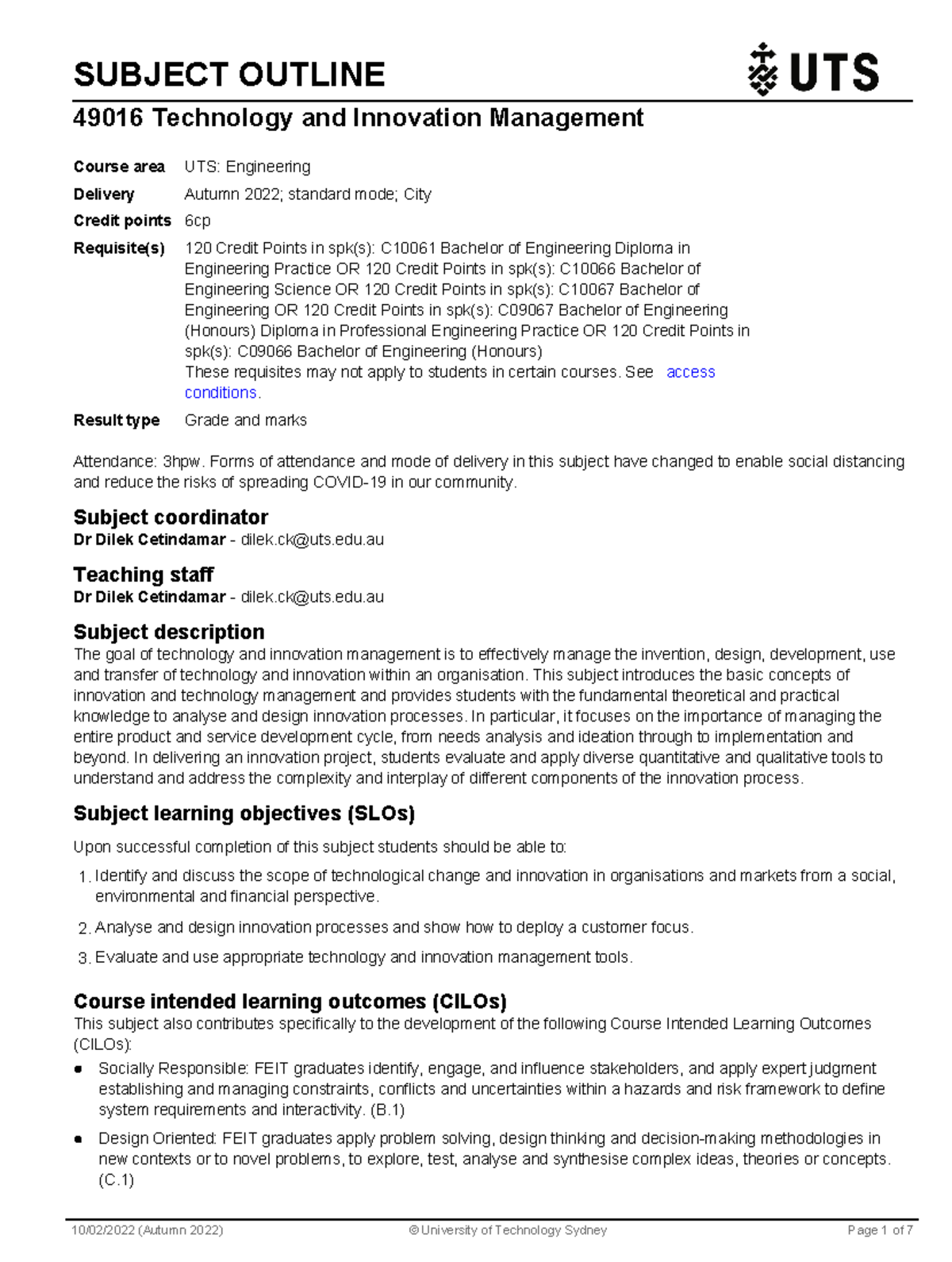 This is the subject outline of technology management - SUBJECT OUTLINE ...