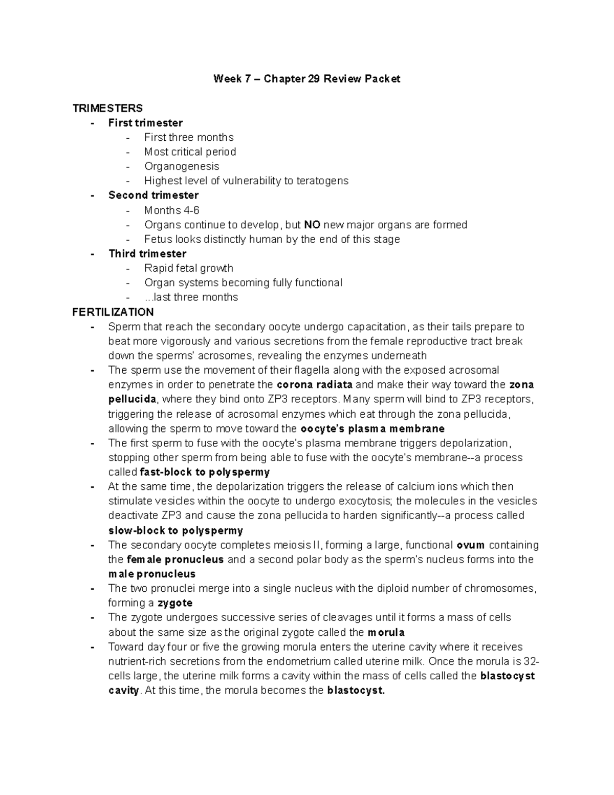 Reproductive system - Week 7 – Chapter 29 Review Packet TRIMESTERS ...