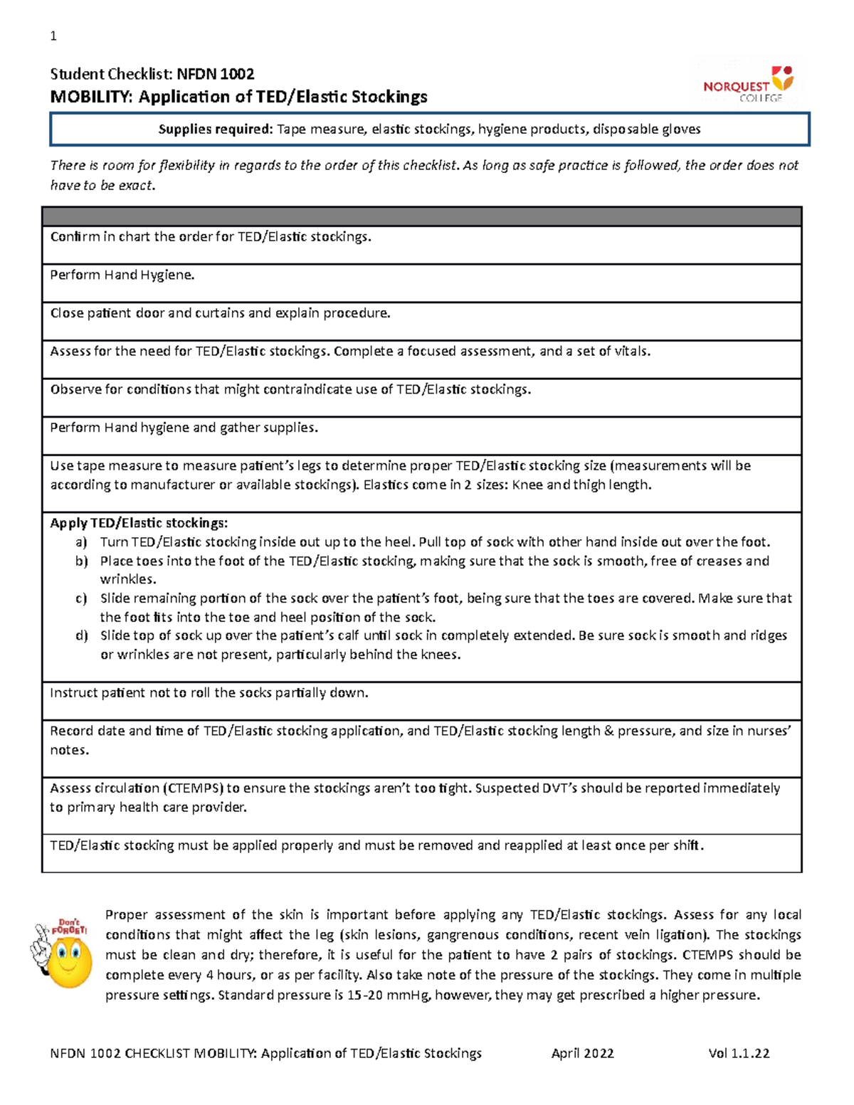 NFDN 1002 Checklist Application of TED Elastic Stockings complete - 1 ...