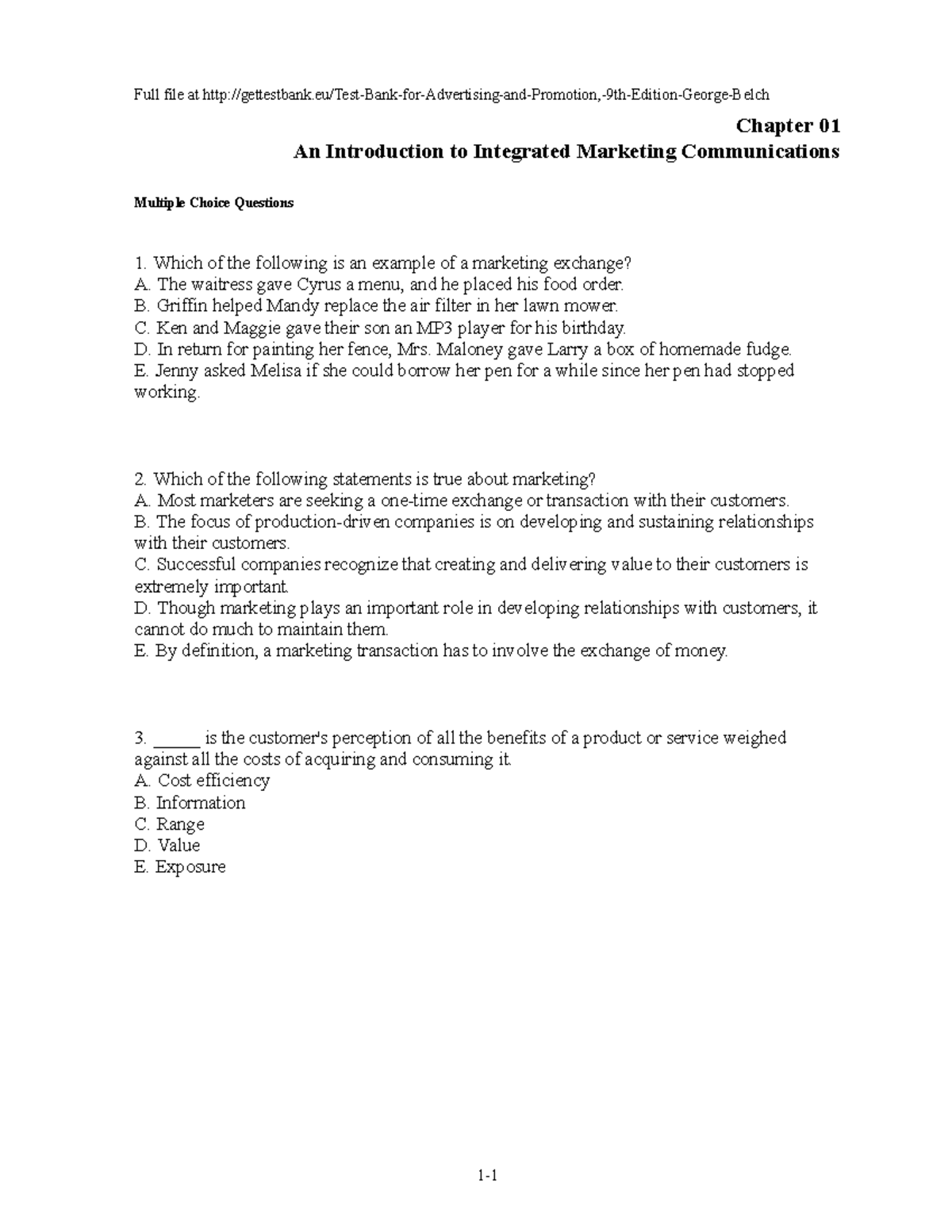 Test Bank for IMC chapter 1 - Chapter 01 An Introduction to Integrated ...