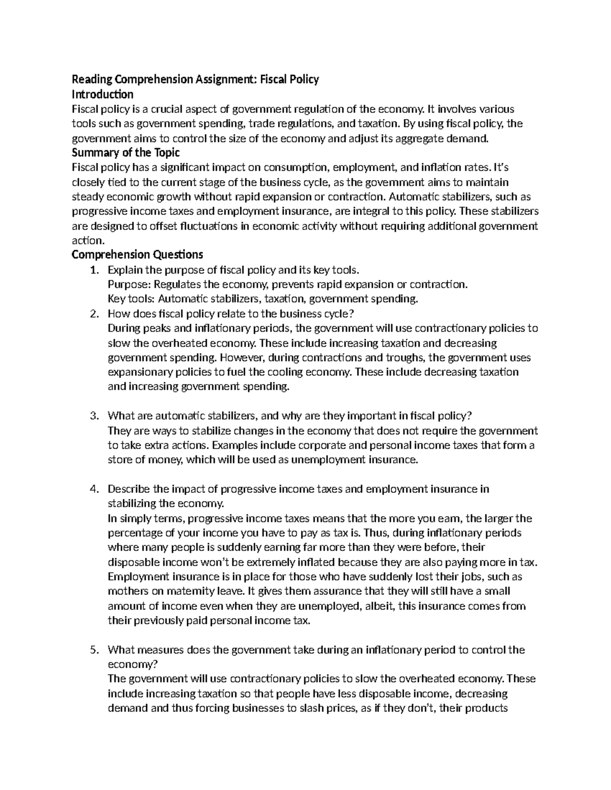 Fiscal Policy WS - Reading Comprehension Assignment: Fiscal Policy ...