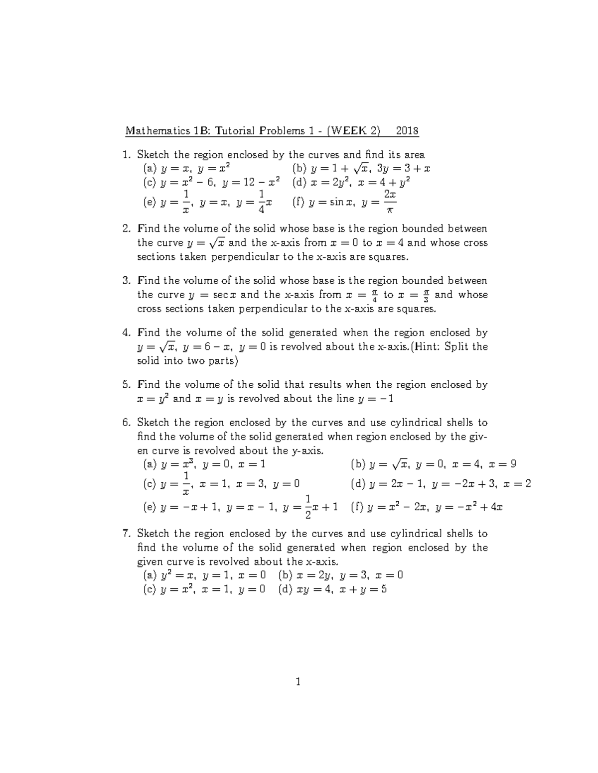 Tutorial 1 Week 2 - TUTS - Mathematics 1B: Tutorial Problems 1 - (WEEK ...