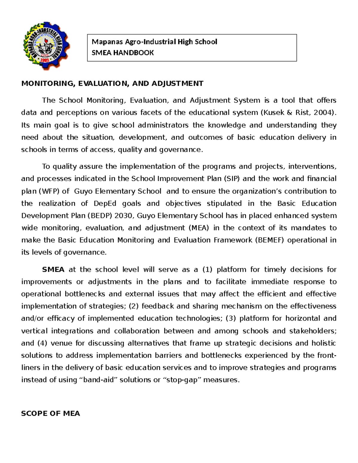 SMEA MANUAL - document - MONITORING, EVALUATION, AND ADJUSTMENT The ...
