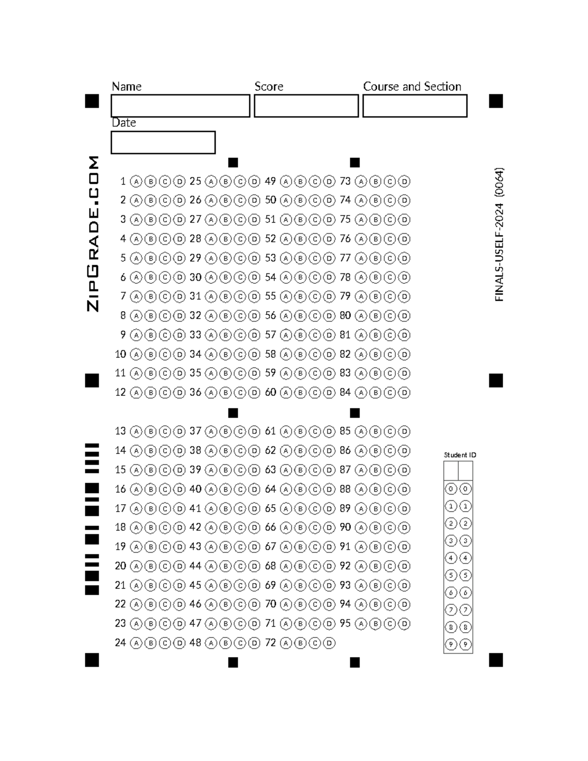 0064x1 - Answer sheet - Name Score Course and Section Date Student ID 0 ...
