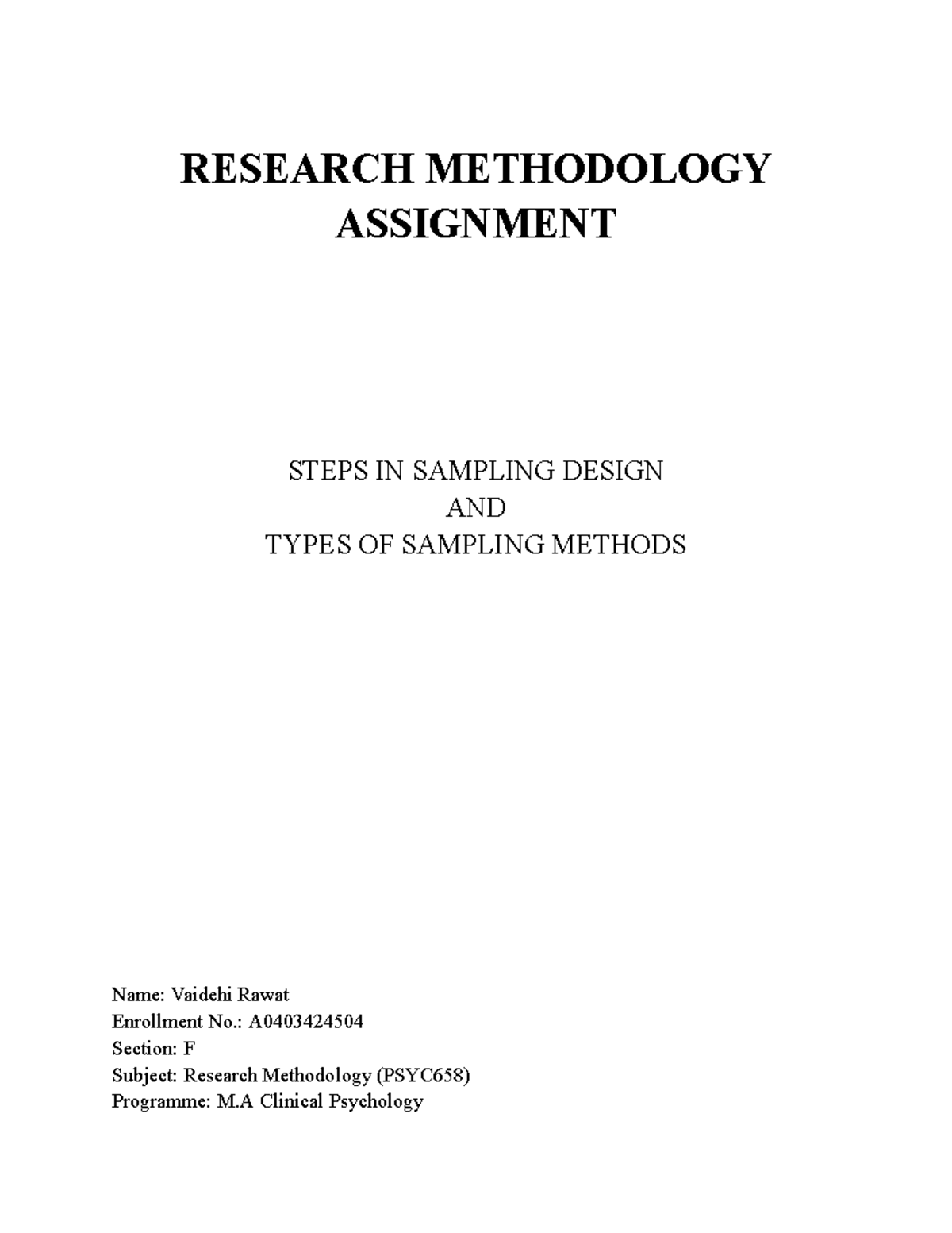 Research Asgnmnt - RESEARCH METHODOLOGY ASSIGNMENT STEPS IN SAMPLING ...