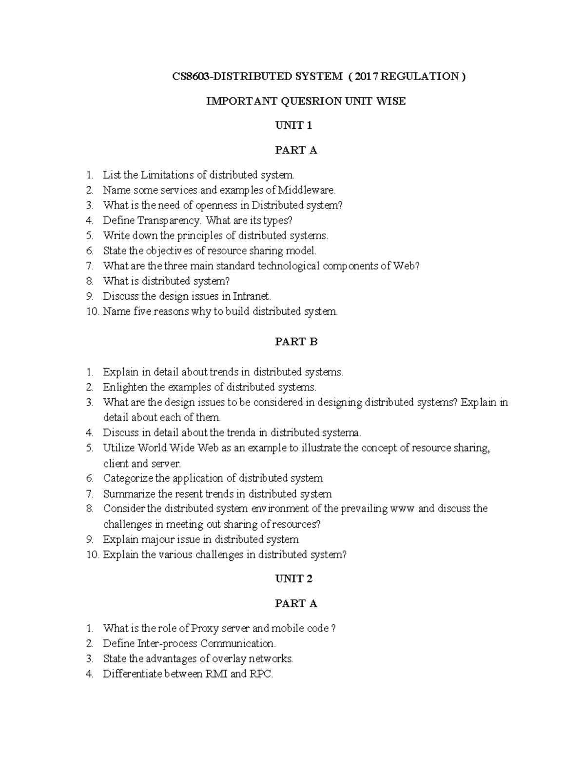 Distributed System Important Question 2017 - CS8603-DISTRIBUTED SYSTEM ... Distributed System Important Question 2017 - CS8603-DISTRIBUTED SYSTEM ...