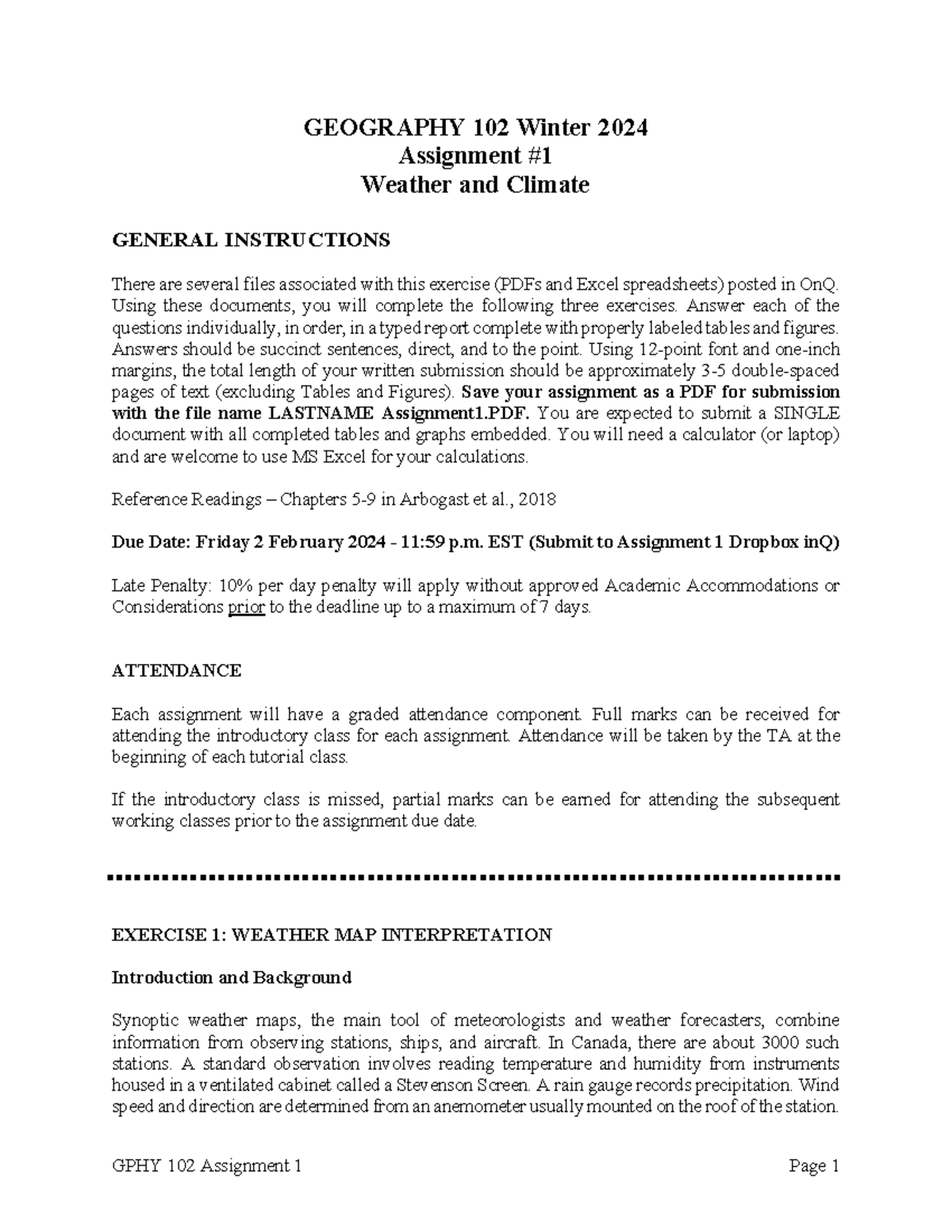 Assignment 1 W24 - Weather and Climate - GEOGRAPHY 102 Winter 2024 ...