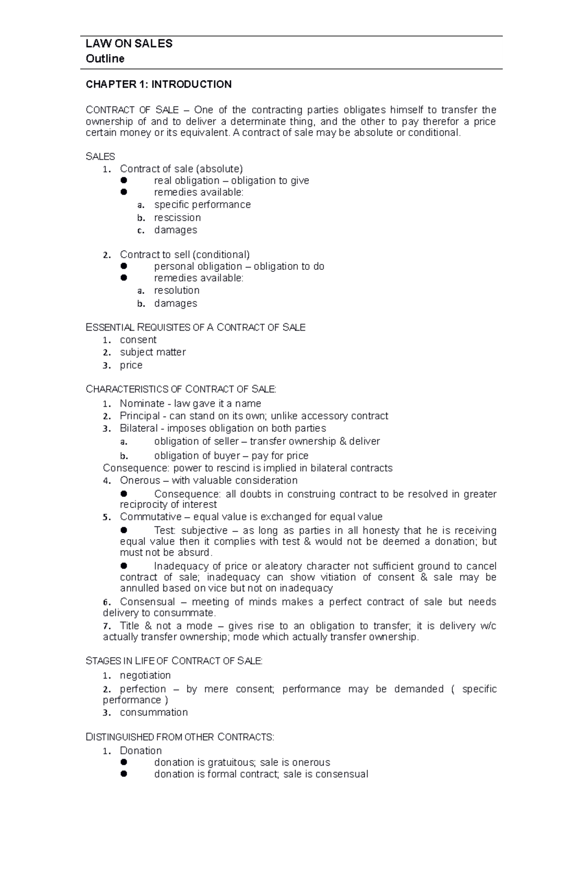 LAW ON Sales Outline - ......................................... - LAW ...