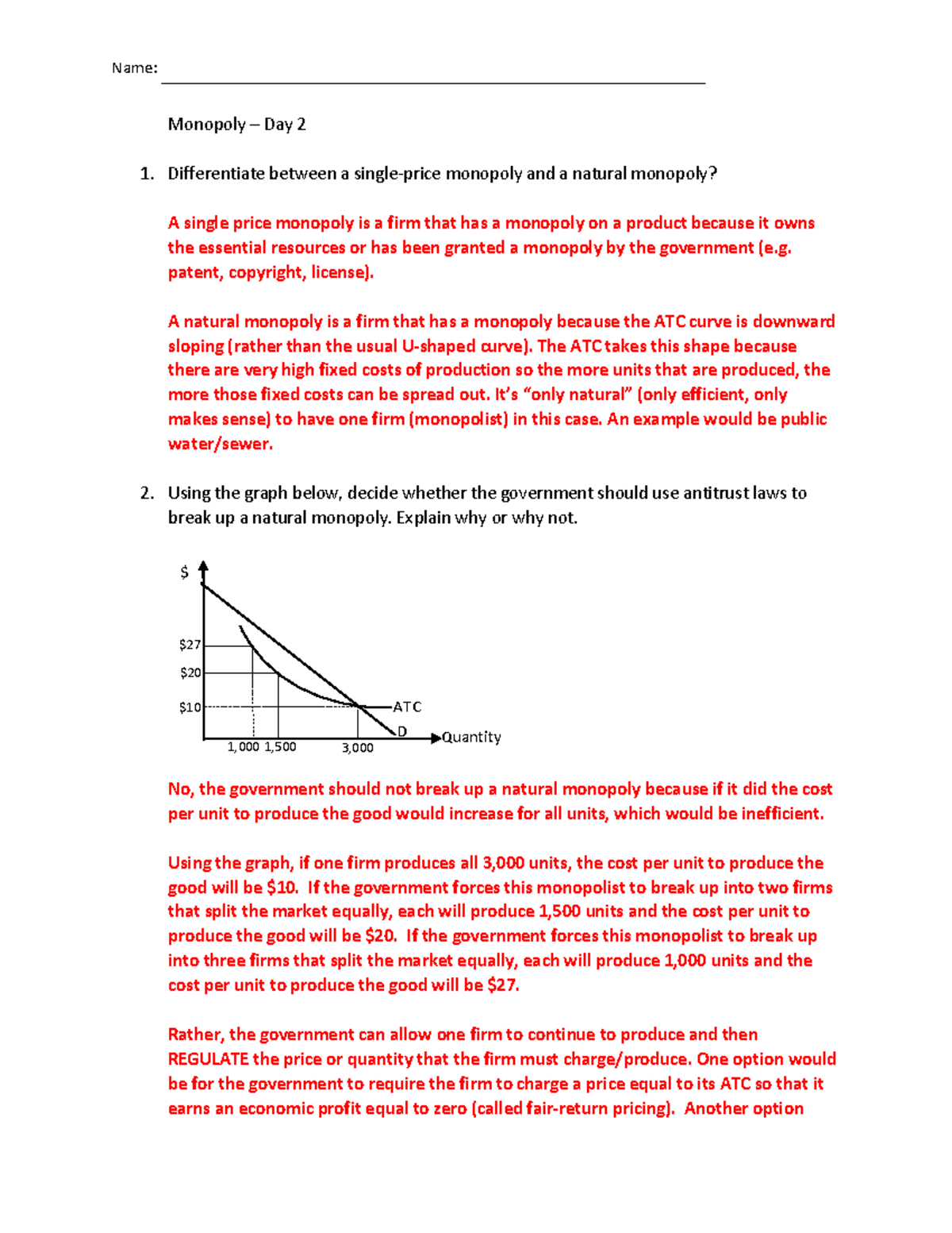 Monopoly - in class answers - Name: Monopoly – Day 2 Differentiate ...