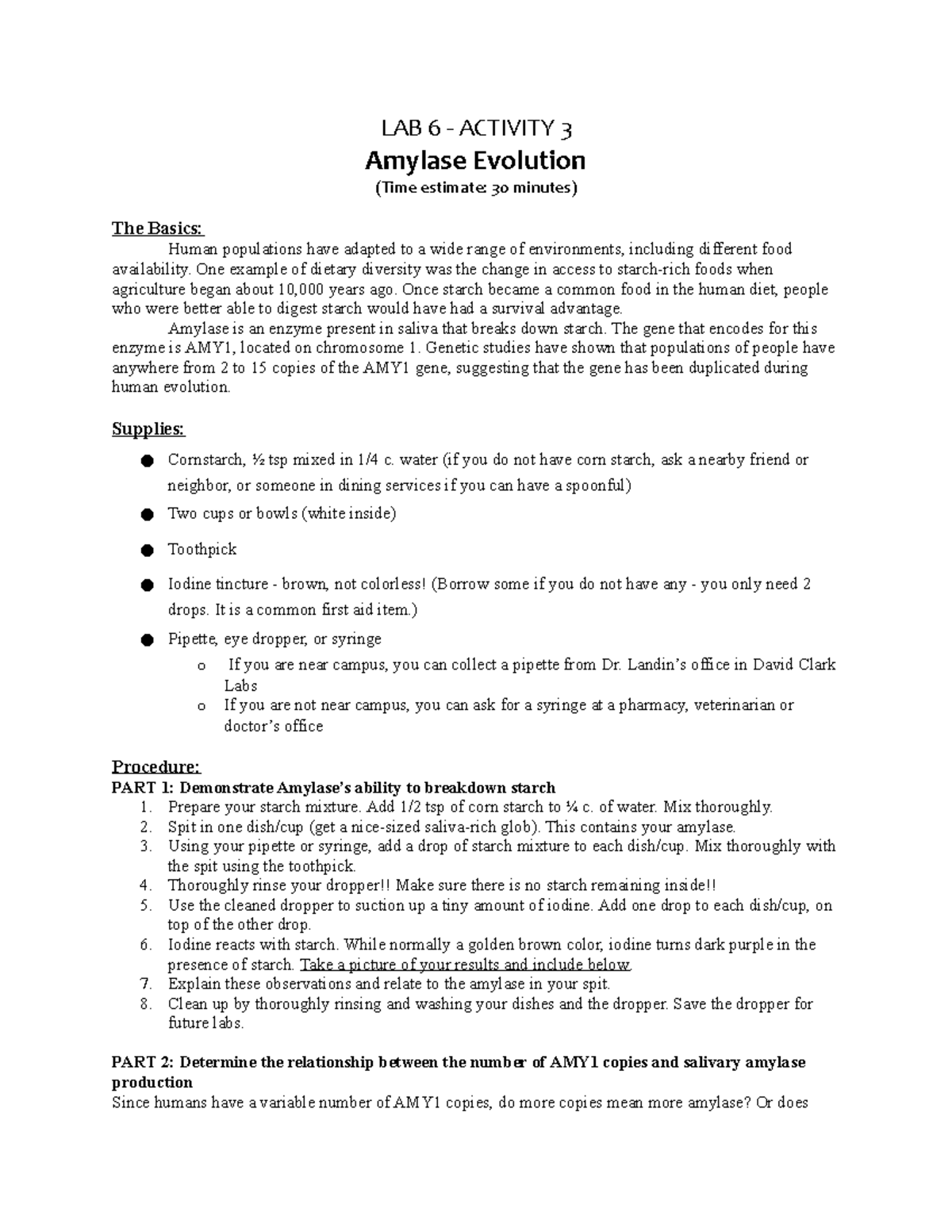Lab6activity 3 Amylase evolution - LAB 6 - ACTIVITY 3 Amylase Evolution ...