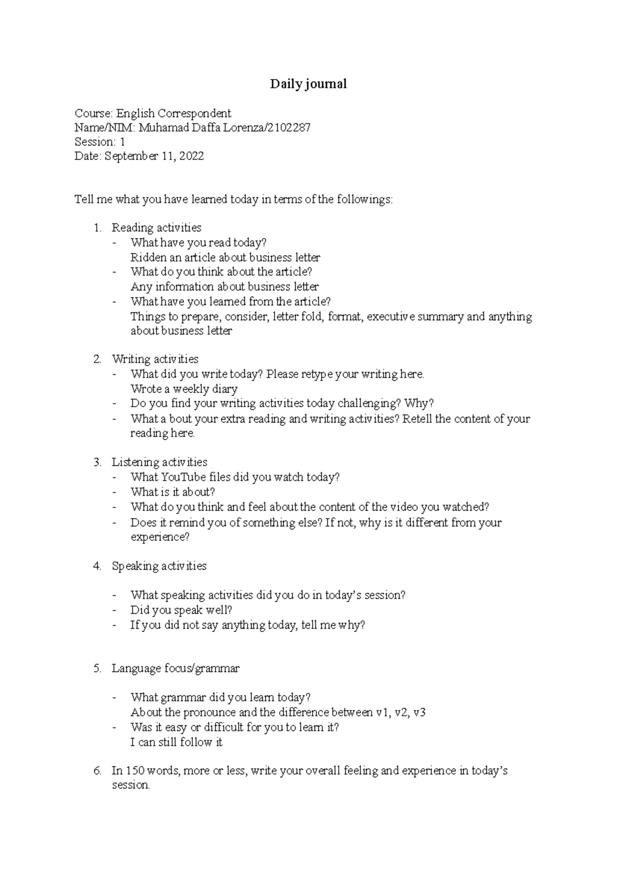 Daily journal at English Course to reflect student's understanding ...