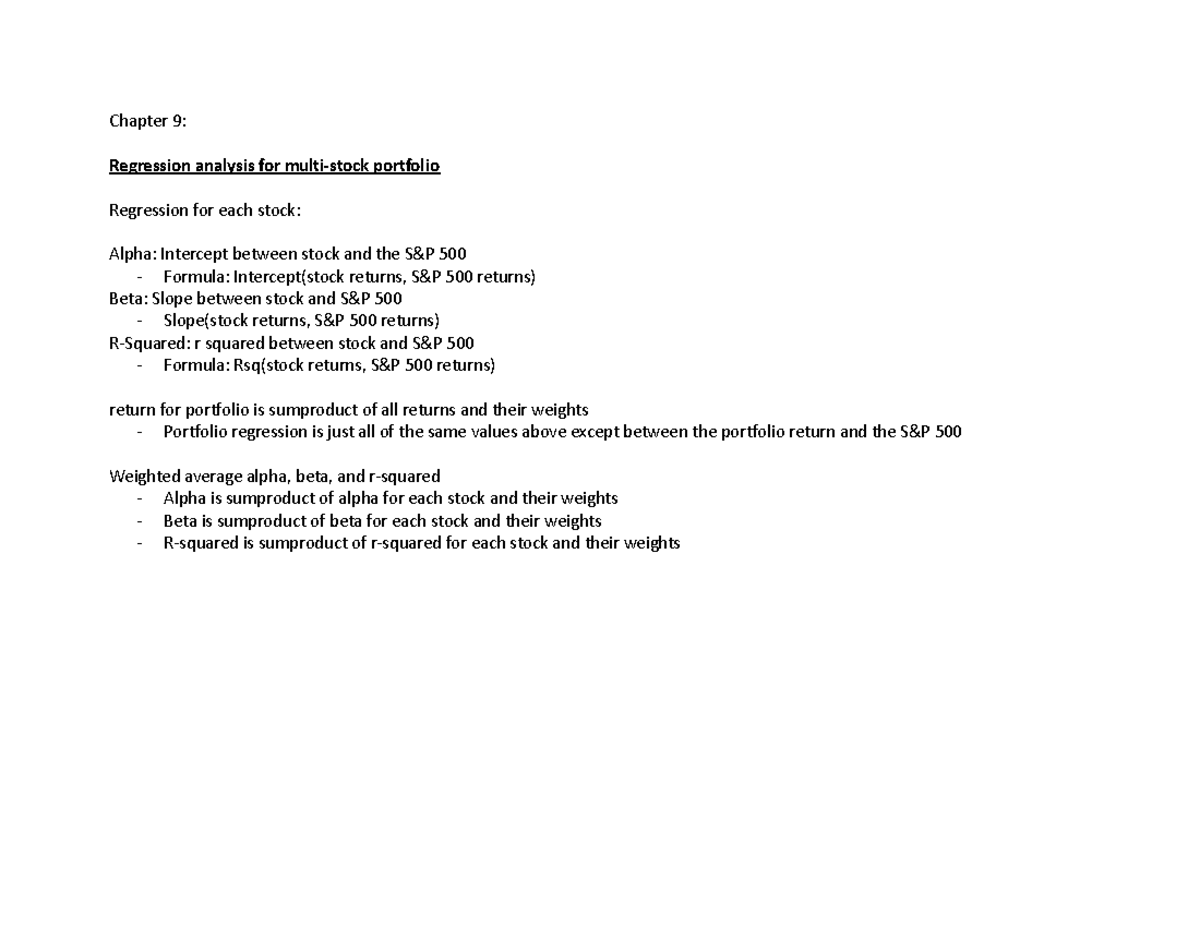 Final exam notes - Chapter 9: Regression analysis for multi-stock ...